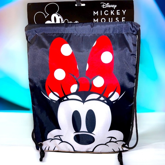 Disney | Bags | Disney Minnie Mouse Face Drawstring Tote Backpack Black ...